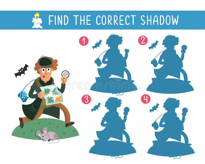 Find Correct Shadow. Detective with Magnifying Glass and Map. Puzzle ...