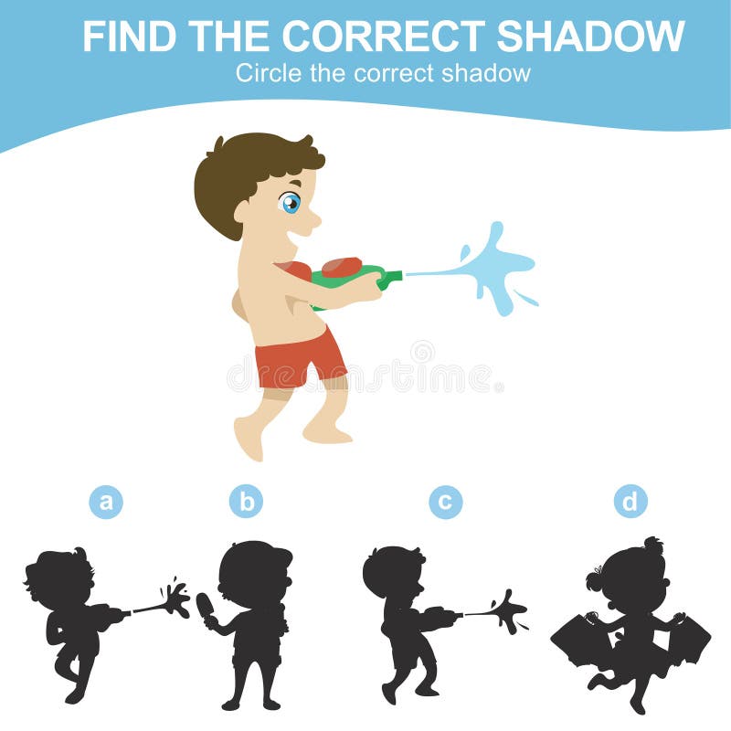 Summer Theme Find the Correct Shadow for Kids. Find the Shadow of a Boy Playing the Water Guns ...