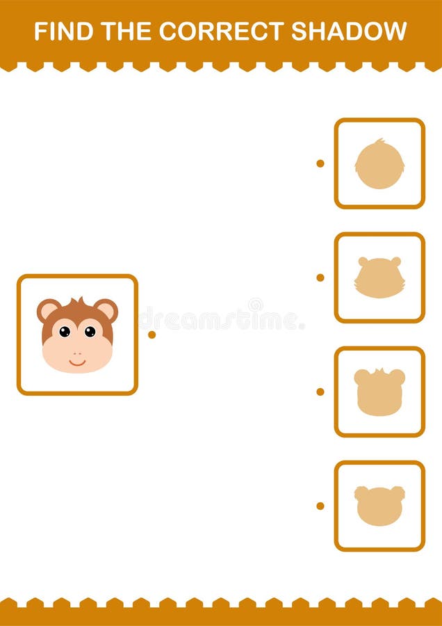 Find the Correct Shadow Monkey Face. Worksheet for Kids Stock Vector ...