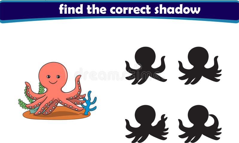 Funny Cartoon Octopus. Find the Correct Shadow. Kids Education Games ...