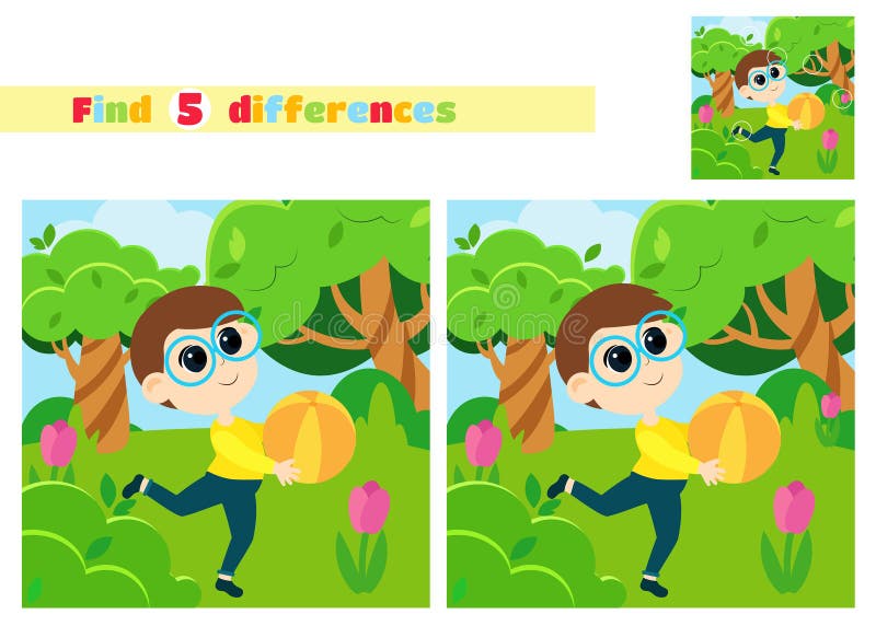 Find the Differences. a Boy Runs with a Ball in a Green Park in a ...