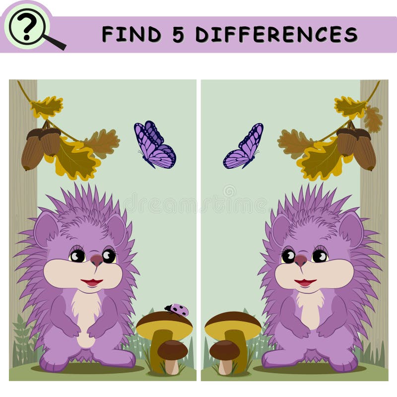 Find 5 Differences. Cartoon Character Hedgehog on Forest Background ...