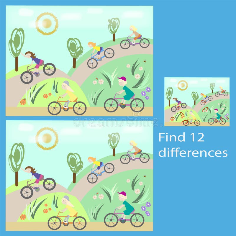 Find 12 Differences in Children on Bicycles Stock Vector - Illustration ...