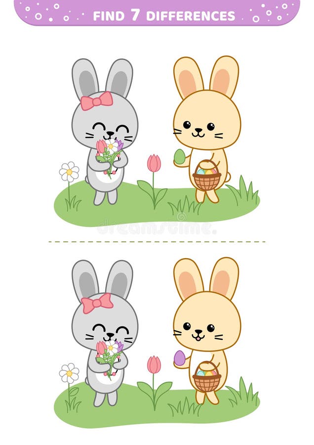 Find 7 Differences. Easter Rabbits on the Walking. Easter Game. Cartoon ...