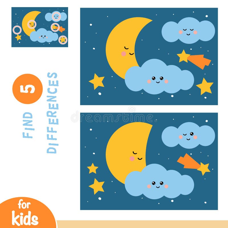 Find Differences, Education Game, Night Sky with Moon and Stars Stock ...