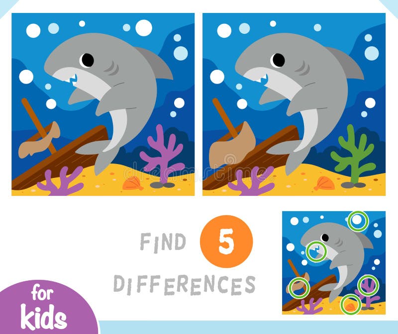 Find Differences Educational Game for Children, Cute Shark and Sunken ...