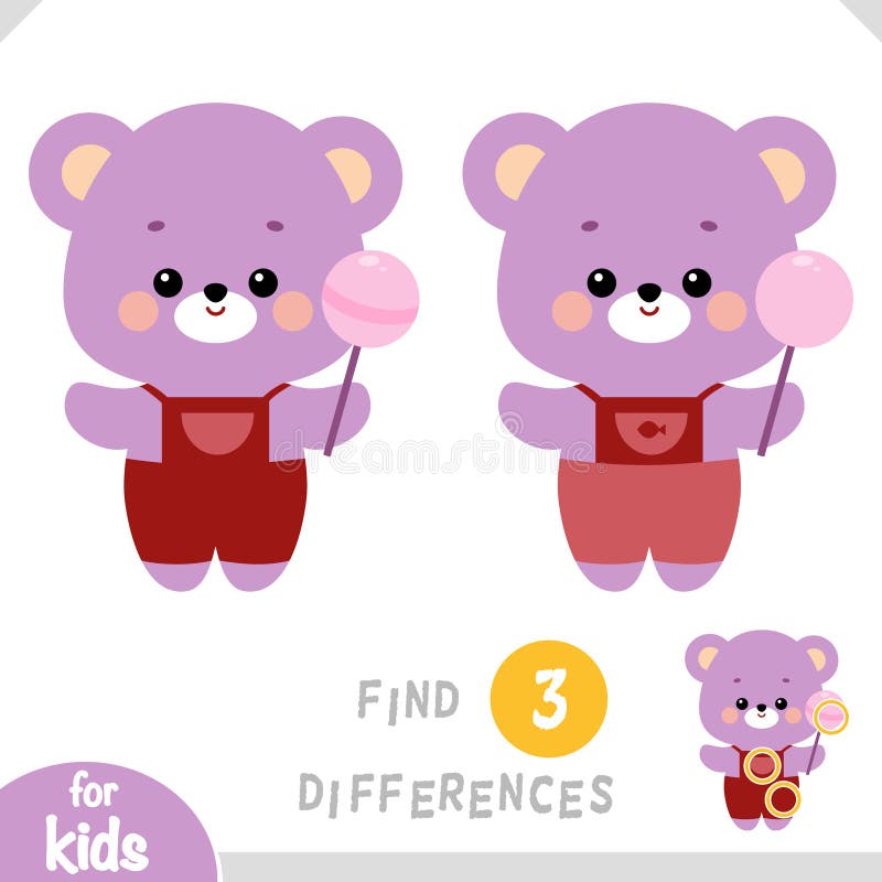 Find Differences, Educational Game, Cute Little Bear Character with Lollipop Stock Vector ...