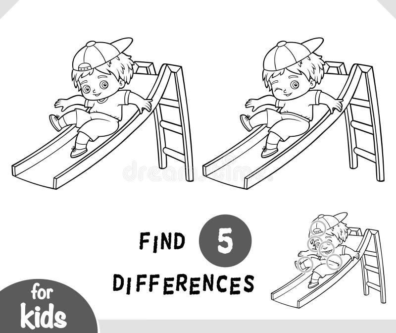 Find Differences Educational Game for Kids, Boy Riding a Slide on the ...