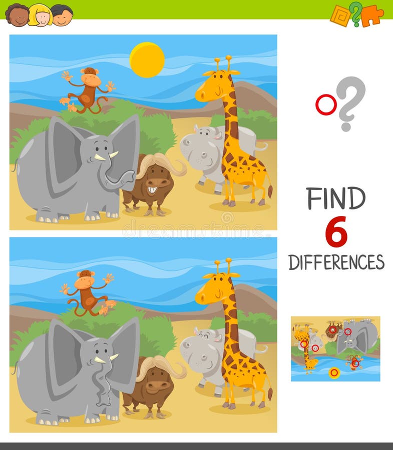 Find Differences Game with Cartoon Animals Stock Vector - Illustration ...