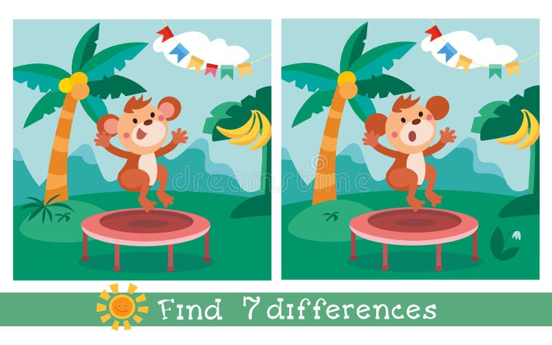 Find 7 Differences. Game for Children. Cute Monkey Jump in Jungle. Cartoon Character. Vector ...