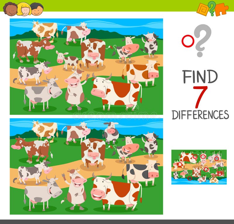 Find Differences Game with Cows Animal Characters Stock Vector ...