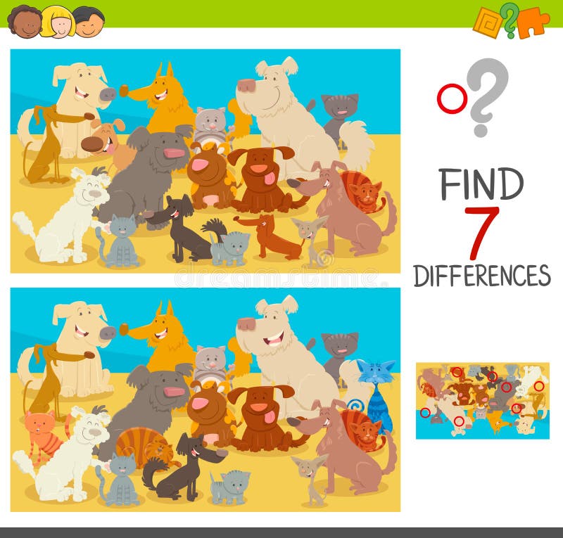 Find Differences Game with Dogs and Cats Stock Vector - Illustration of ...