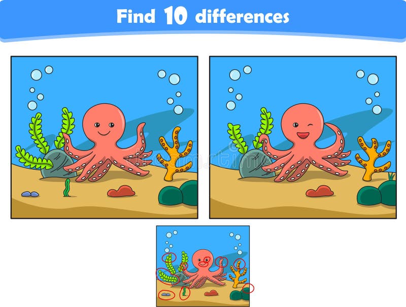 Funny Cartoon Octopus. Find 10 Differences. Kids Education Games Stock ...
