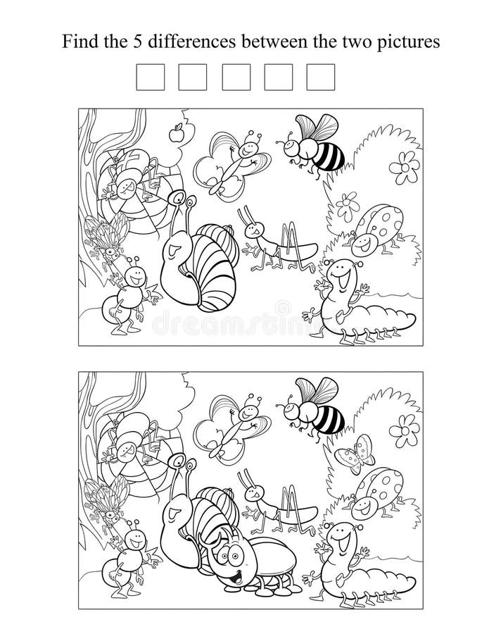 Find the Differences Puzzle Featuring Garden Scene with Cartoon Insects ...