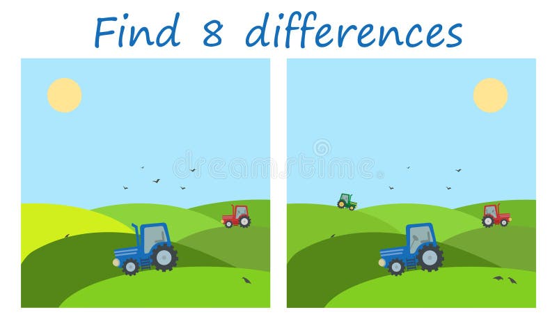 Find 8 Differences. Rural Landscape with Three Tractors Plowing the ...