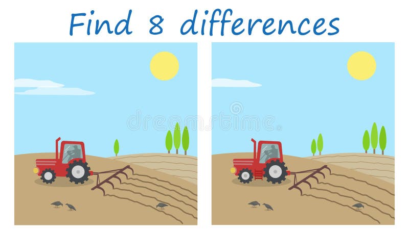 Find 8 Differences. Rural Landscape with Tractor Plowing the Fields ...