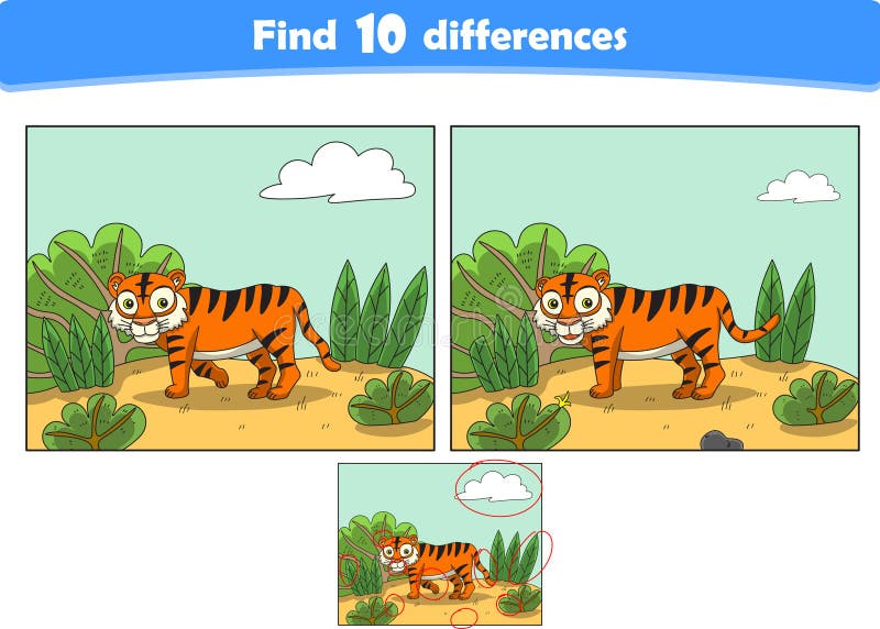 Funny Cartoon Tigers. Find 10 Differences Stock Vector - Illustration ...