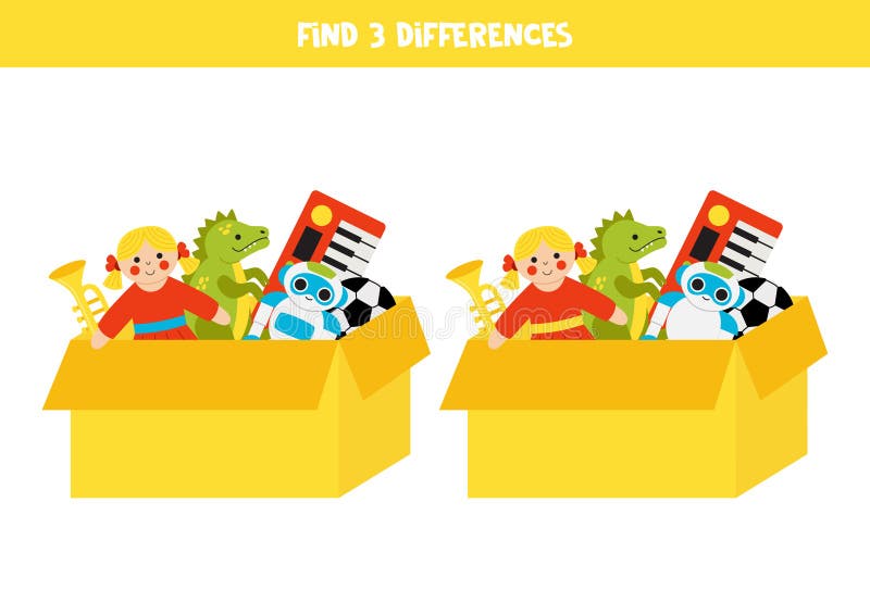Find 3 Differences between Two Cute Cartoon Box Full of Toys. Stock ...