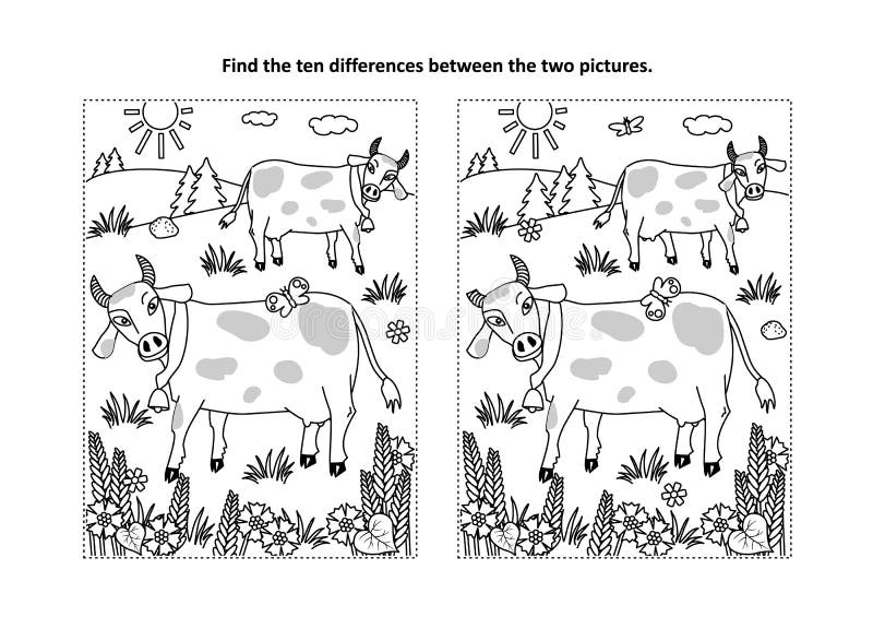 Find the Differences Visual Puzzle and Coloring Page with Cows on a ...