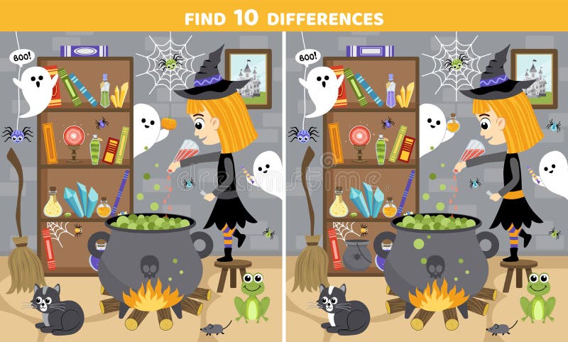 Find 10 Differences. Witch with Cauldron of Potion. Halloween Game ...