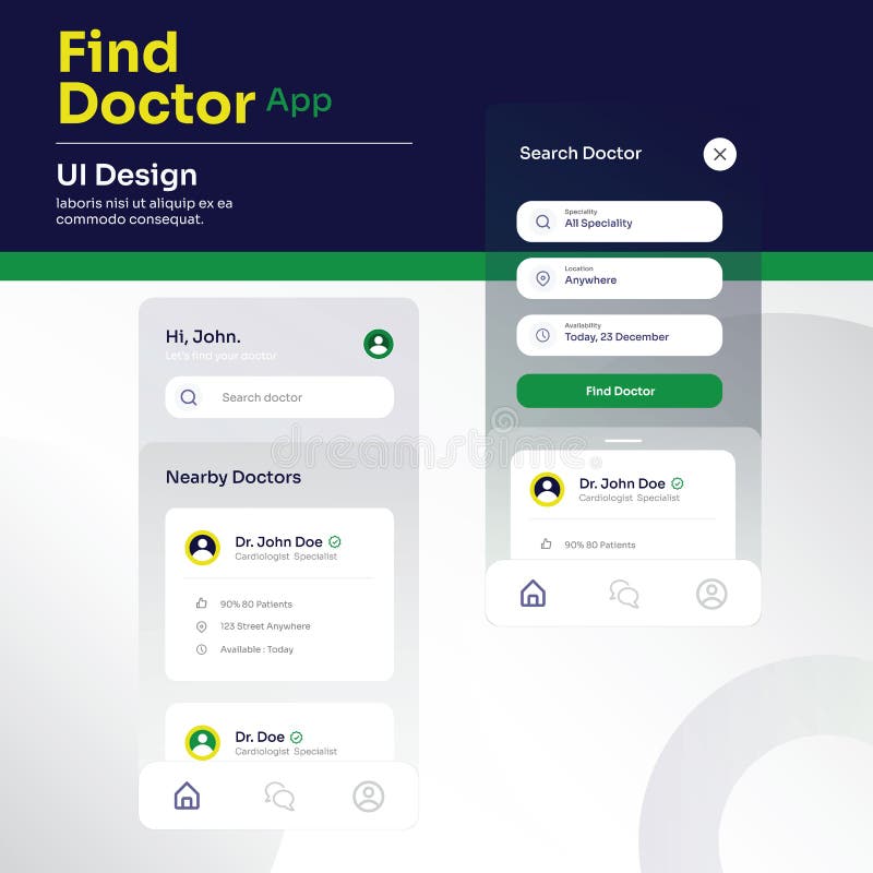 Find Doctor App UI Design with Glass Effect Screen. Stock Vector ...