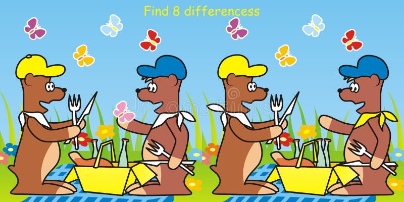Find Eight Differences, Bears and Picnic, Game, Eps. Stock Vector ...