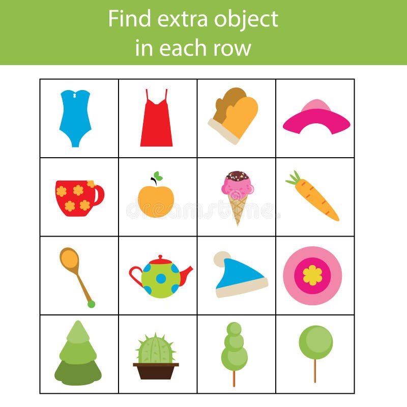 Find Extra Object in Row. Educational Children Game, Printable Activity ...
