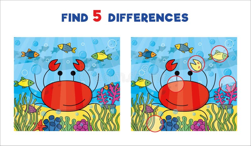 Find Five Differences, Vector Illustration for Children with a Crab in ...