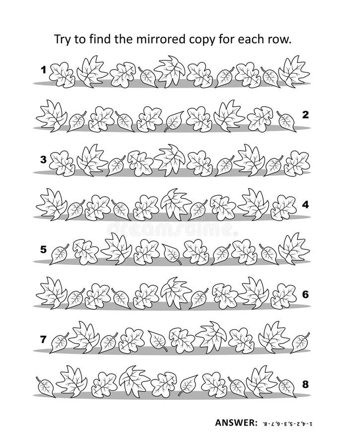 Find Mirrored Row Visual Puzzle and Coloring Page with Autumn Leaves ...