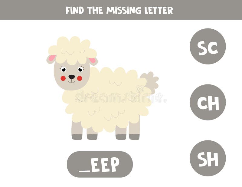 Find Missing Letter with Cartoon Sheep. Spelling Worksheet. Stock ...