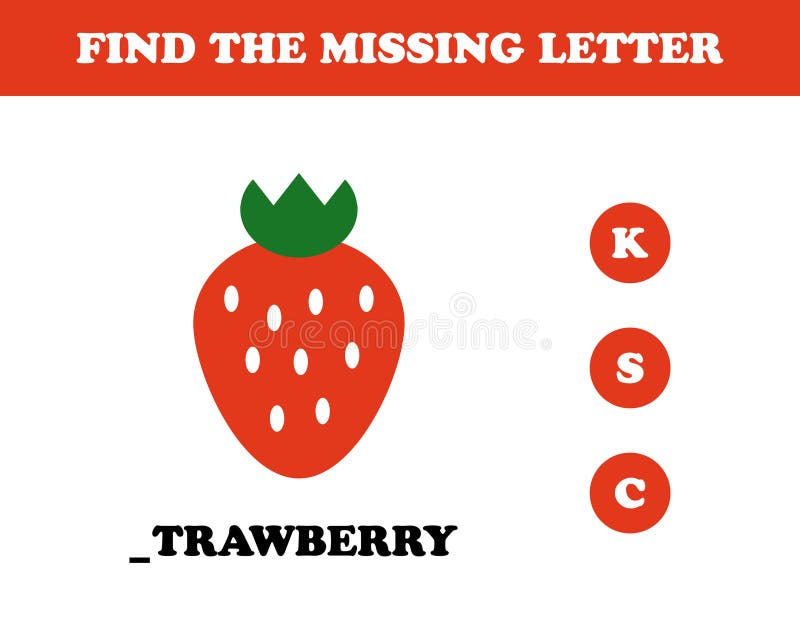 Find the Missing Letter Worksheet for Kids, Strawberry, Vector Stock ...
