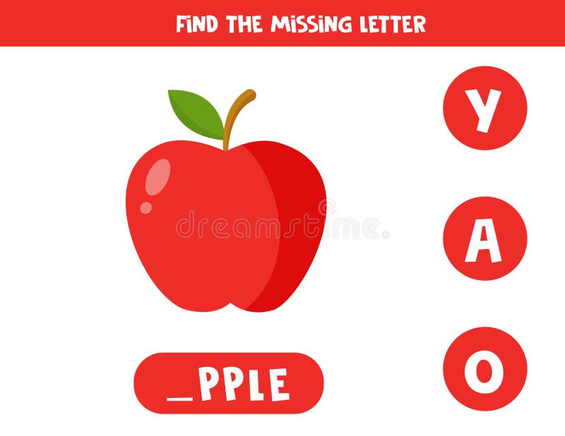 Find Missing Letter and Write it Down. Cute Cartoon Red Apple. Stock ...