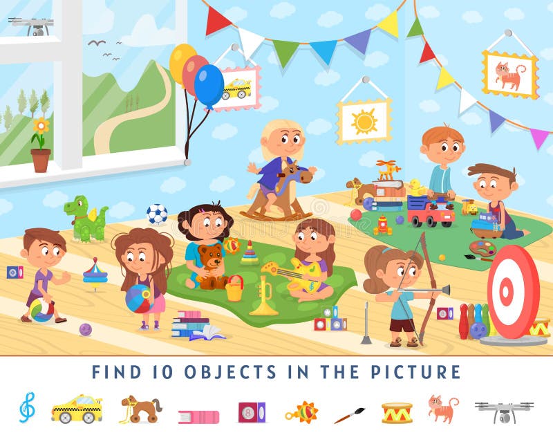 Find 10 Objects. Kids Game, School Activity Background. Funny Mind ...