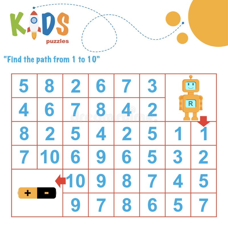 Find the Path from 1 To 10. Easy Colorful Math Worksheet Practice Stock ...