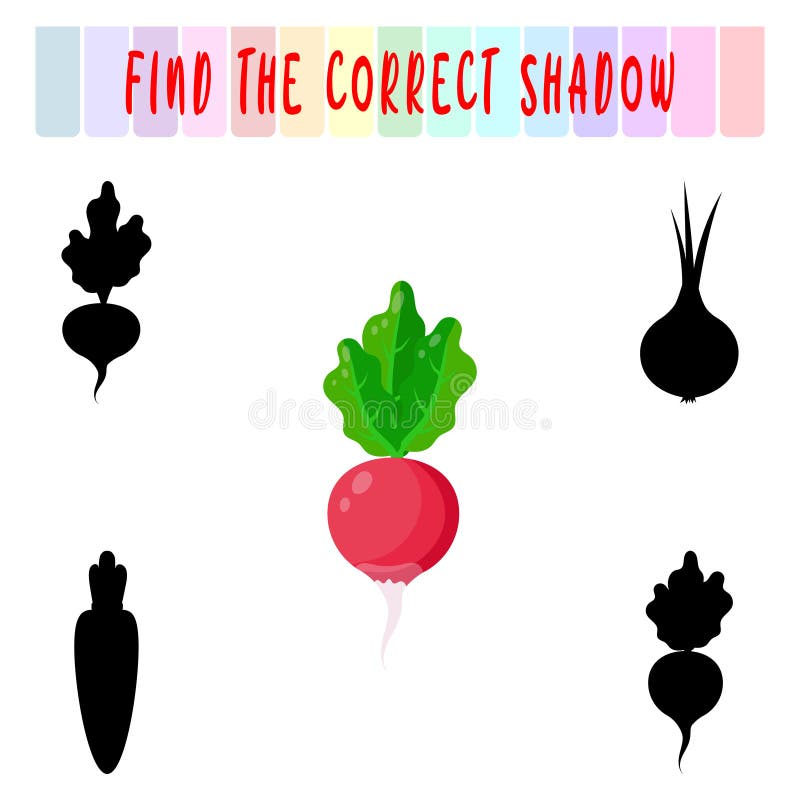 Find the Right Shadow. Cute Radish. Educational Game with Vegetables ...
