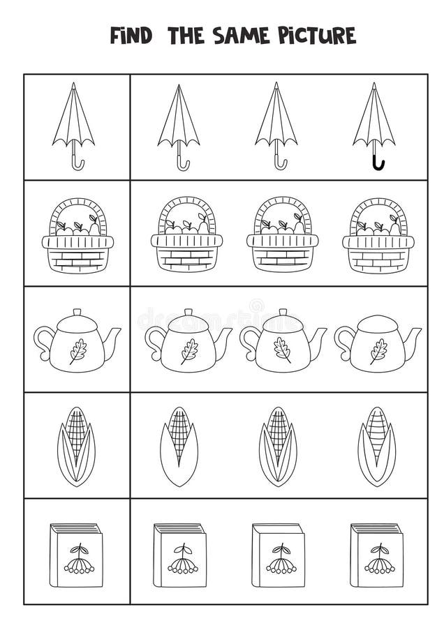 Find Two the Same Autumn Items. Black and White Worksheet Stock Vector ...