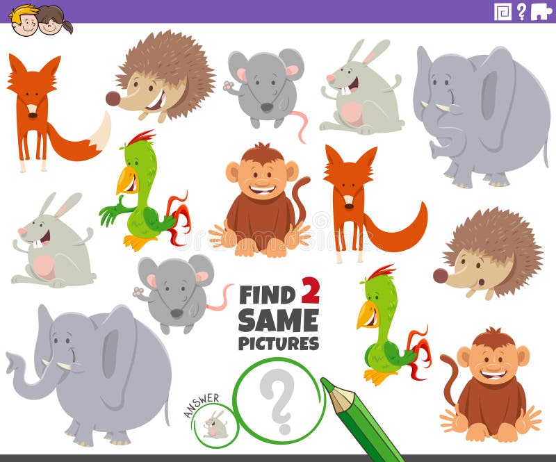 Find Two Same Cartoon Animal Characters Activity Stock Vector ...