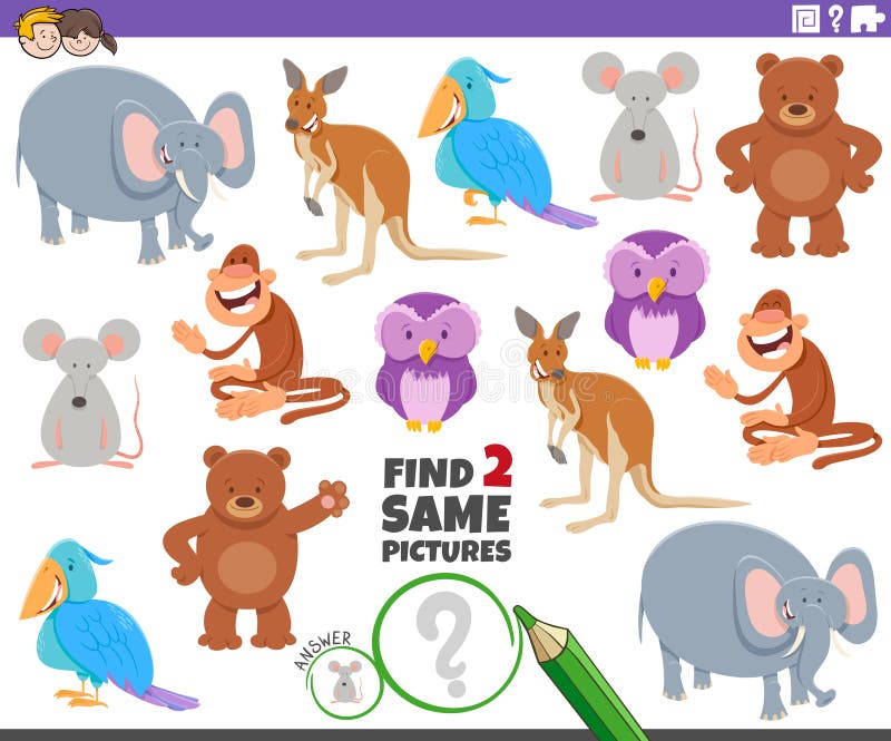 Find Two Same Cartoon Animal Characters Activity Stock Vector ...
