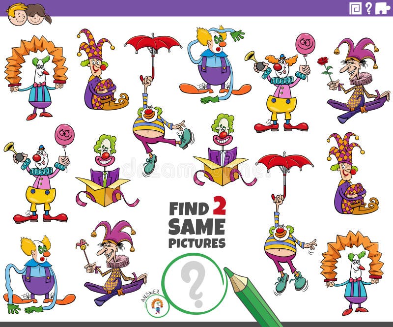 Find Two Same Cartoon Clowns Characters Educational Game Stock Vector ...