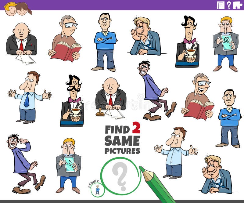 Find Two Same Cartoon Men Characters Educational Game Stock Vector ...