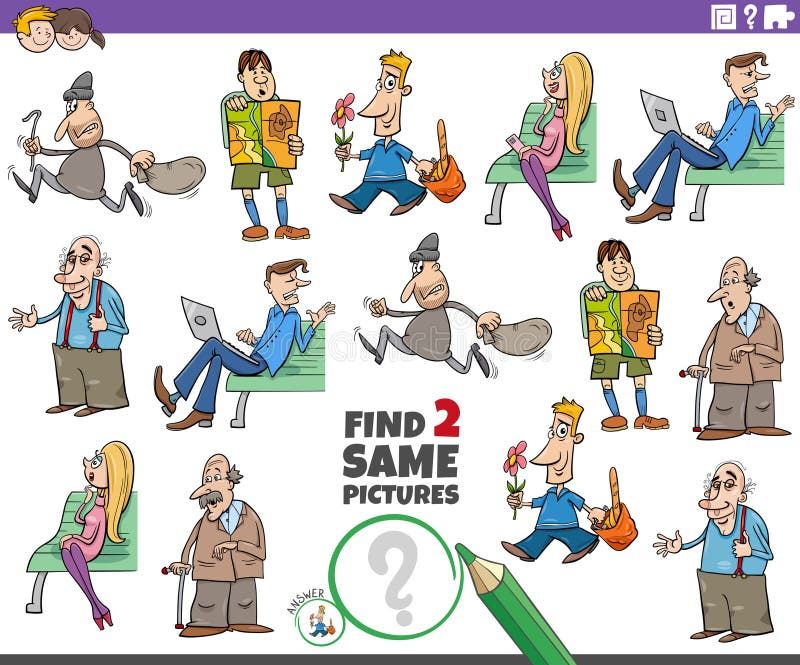 Find Two Same Cartoon People Characters Educational Game Stock Vector ...