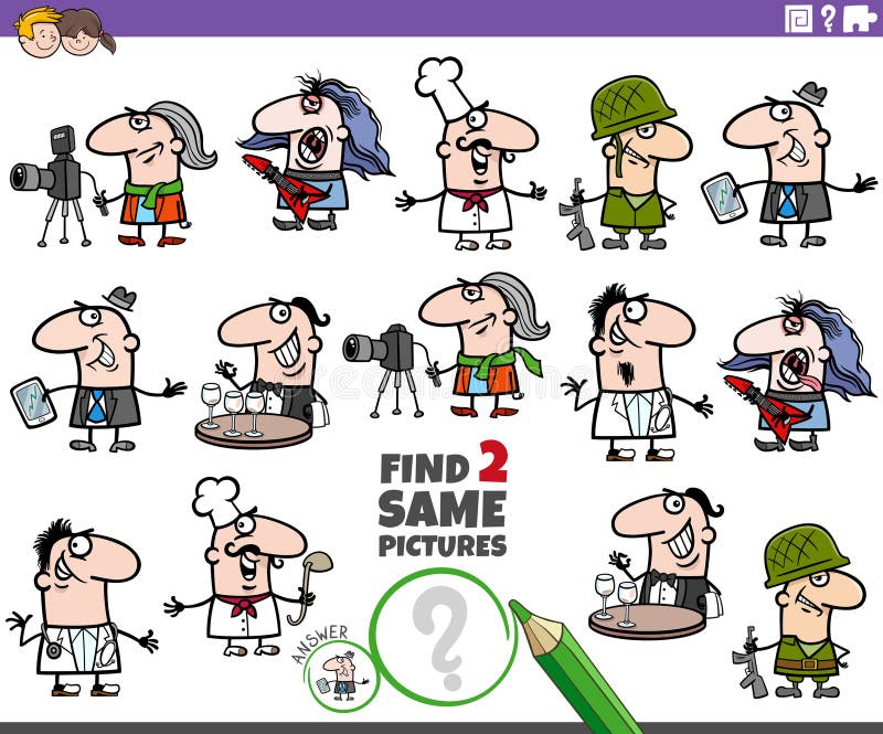 Find Two Same Cartoon People of Various Professions Game Stock Vector ...