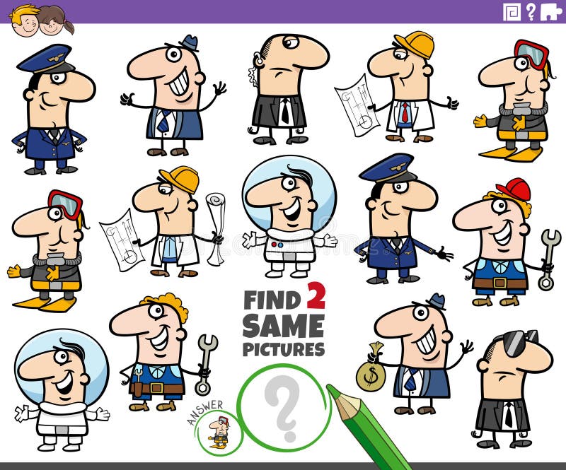 Find Two Same Cartoon People of Various Professions Stock Vector ...