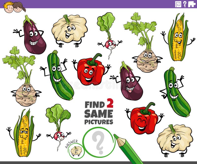 Find Two Same Cartoon Vegetables Educational Activity Stock Vector ...