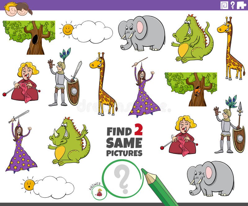 Find Two Same Comic Characters Educational Game Stock Vector ...