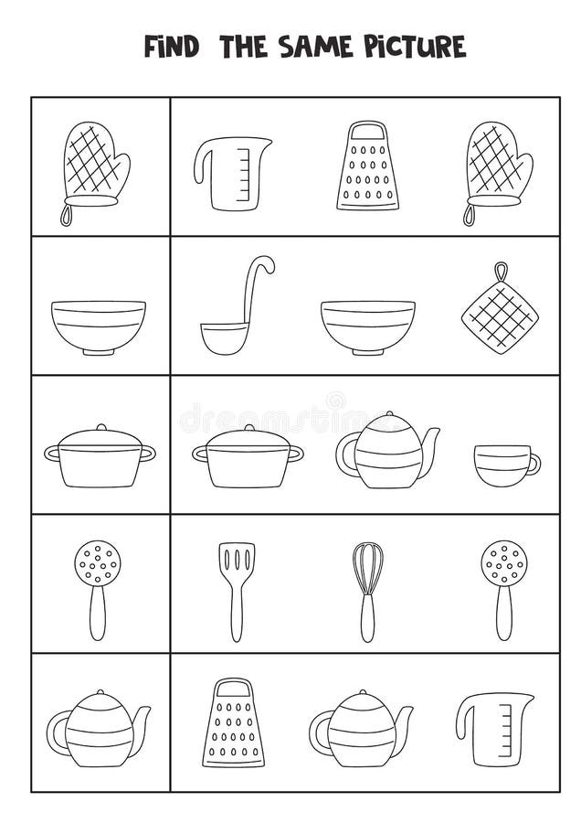Find Two the Same Kitchen Tools. Black and White Worksheet. Stock ...
