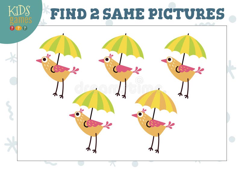 Find Two Same Pictures Kids Puzzle Vector Illustration. Activity for ...