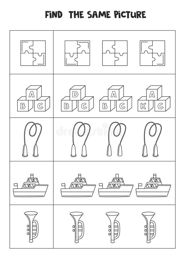 Find Two the Same Toys. Black and White Worksheet. Stock Vector ...