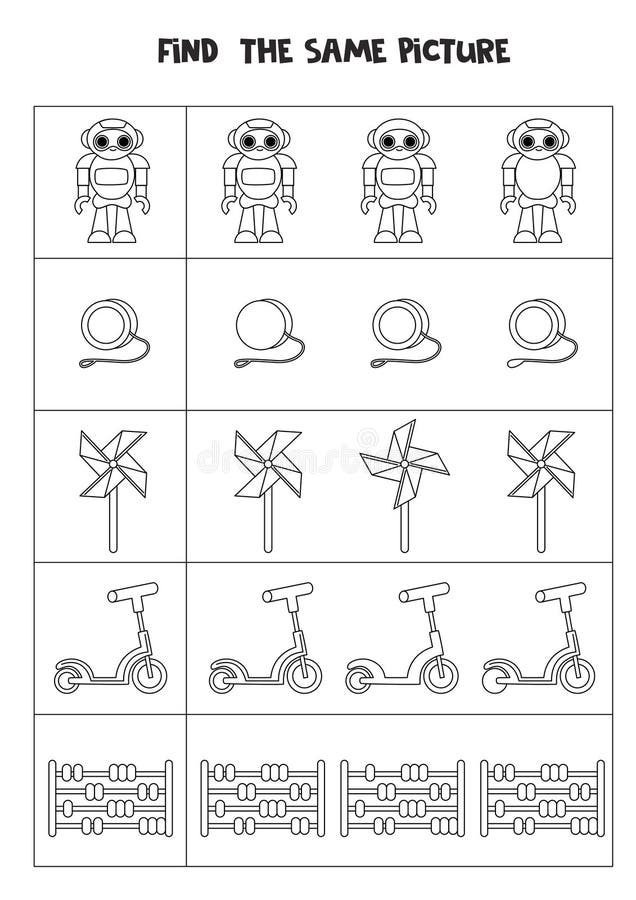 Find Two the Same Toys. Black and White Worksheet. Stock Vector ...