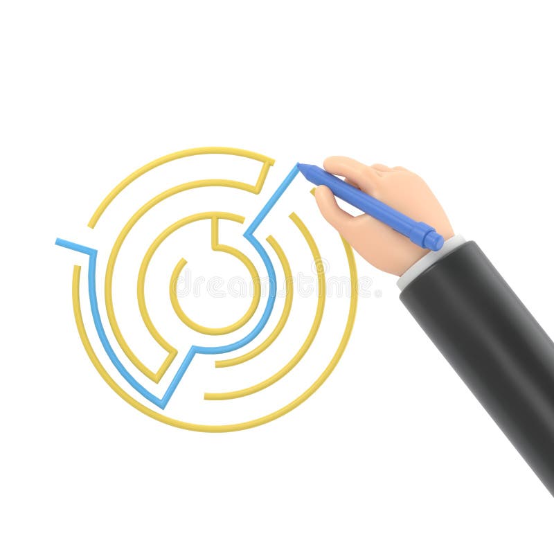 Find Way Out. Exit from Circle Labyrinth. Man with Pen Leads Line from ...